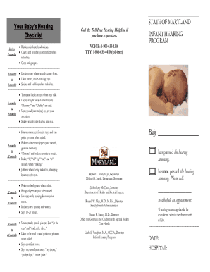 Fillable Online STATE OF MARYLAND Your Babys Hearing Checklist INFANT ...