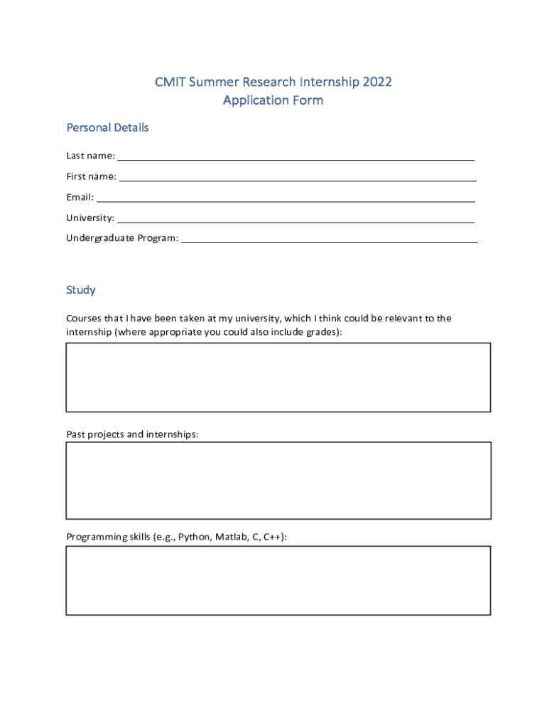 Fillable Online CMIT Summer Research Internship 2022 Application Form ...