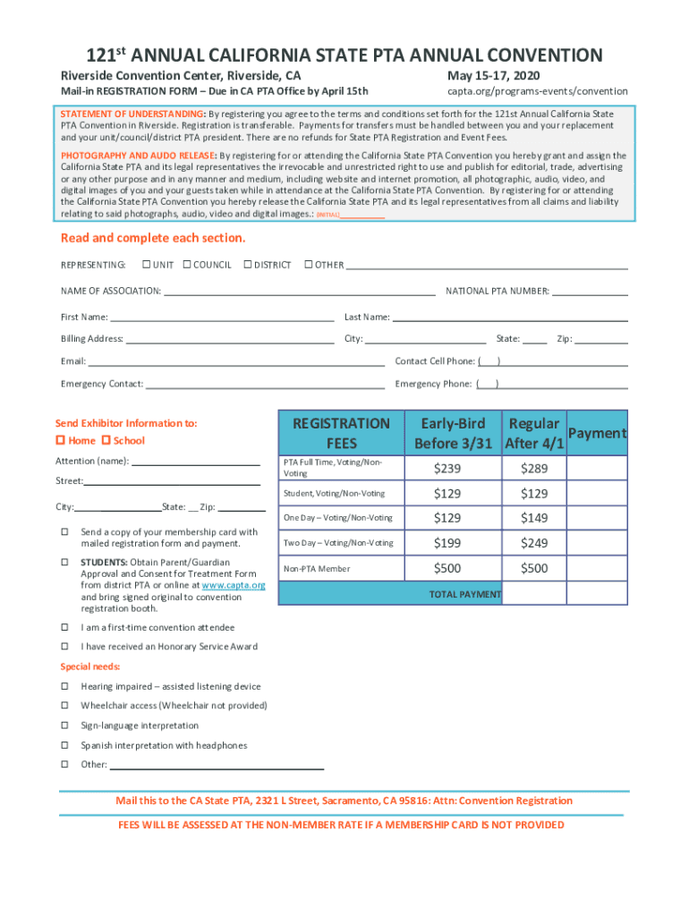 Fillable Online California State PTA 121st Annual Convention!Thirty ...
