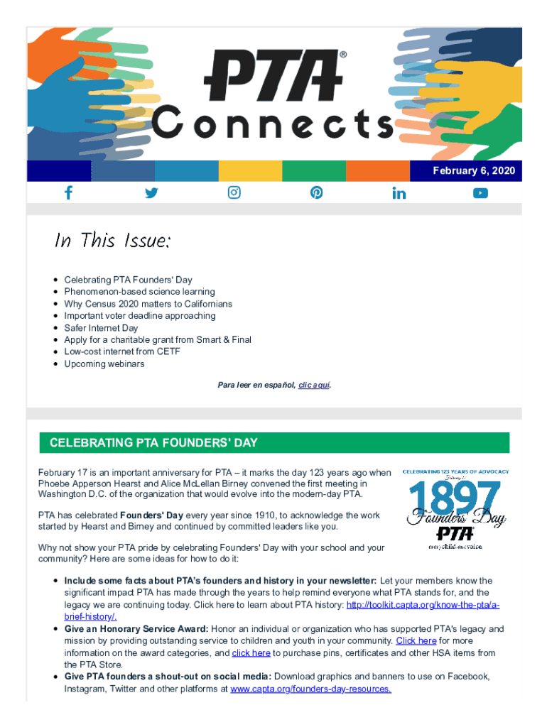 Fillable Online CELEBRATING PTA FOUNDERS' DAY - California State PTA ... Fillable Online CELEBRATING PTA FOUNDERS' DAY - California State PTA ...