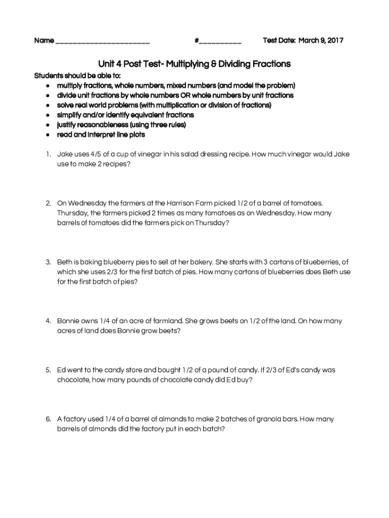 Fillable Online Multiplying & Dividing Fractions and Decimals - Test ...