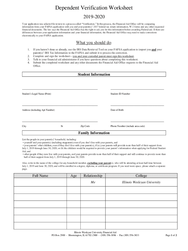 Fillable Online 2019-2020 Dependent Verification Worksheet - Bismarck State College Fax Email ...