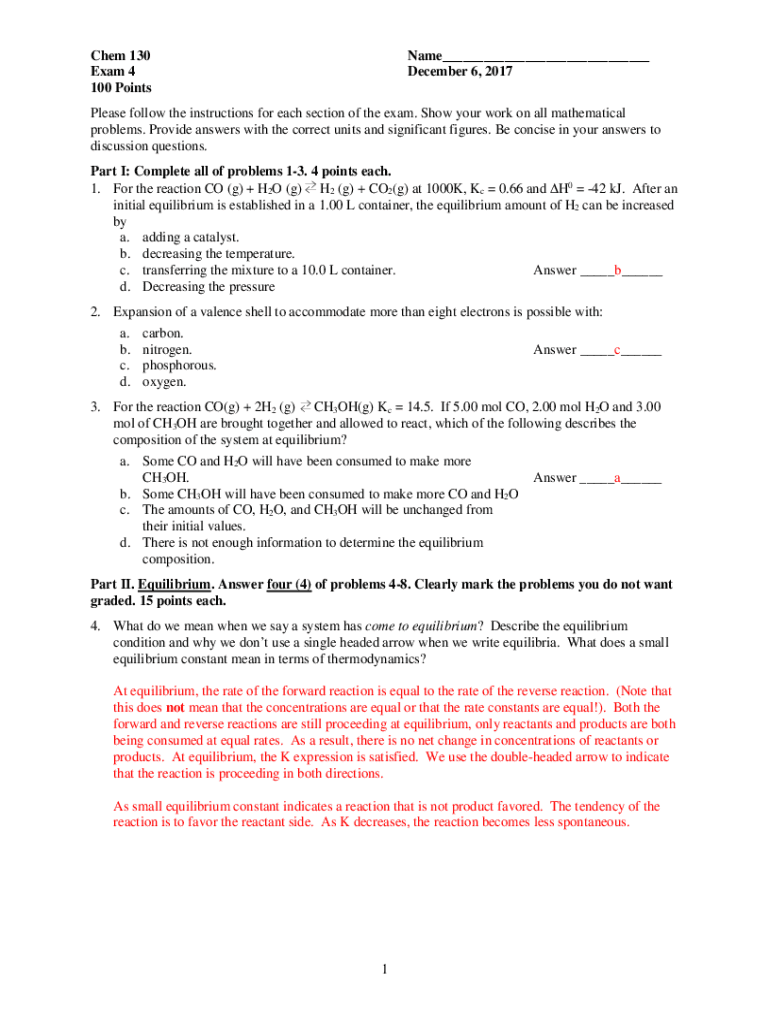Fillable Online Chem 130 Exam 1 Practice - Chem 130: Exam one (Practice ...