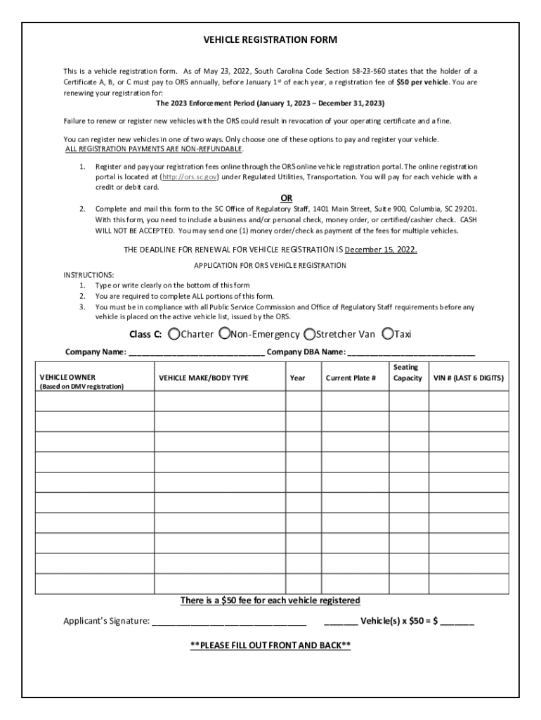 Fillable Online ors sc VEHICLE REGISTRATION FORM Class C: Charter Non ...