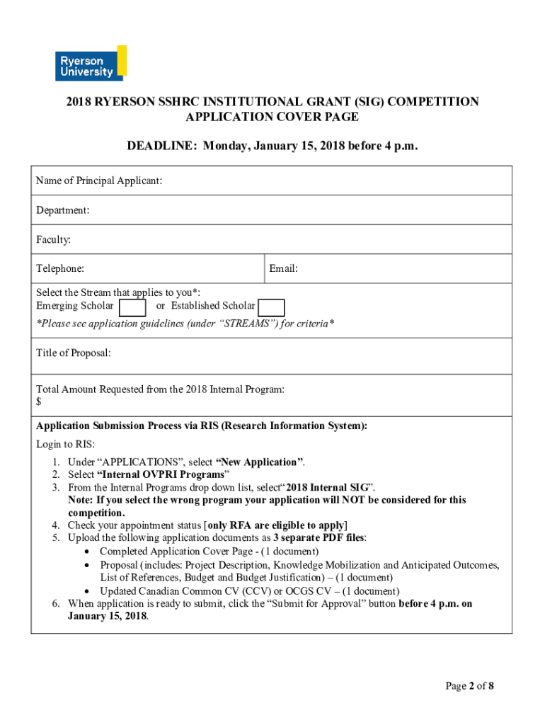 Fillable Online 2018 RYERSON SSHRC INSTITUTIONAL GRANT (SIG ...