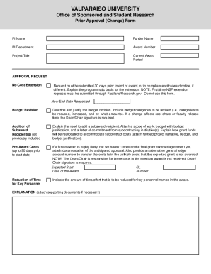 Fillable Online Prior Approval (Change) Form - Valparaiso University ...