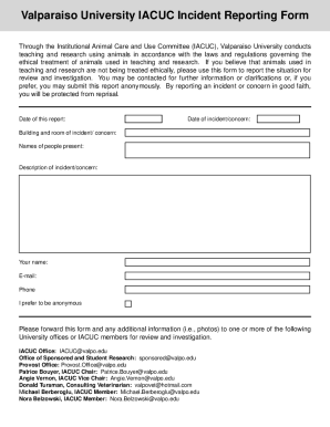 Fillable Online Valparaiso University IACUC Incident Reporting Form Fax ...