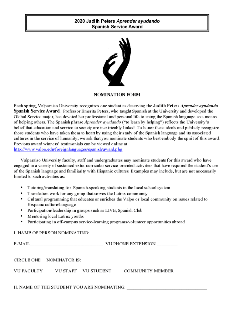 Fillable Online Spanish Service Awards NOMINATION FORM Fax Email Print ...