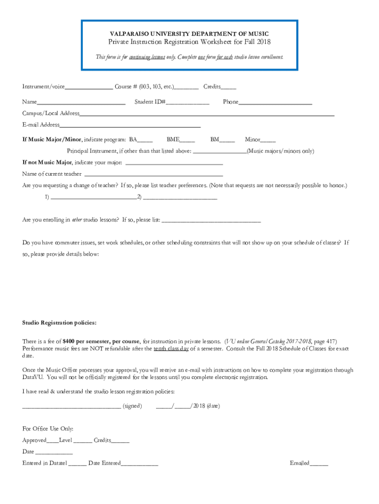 Fillable Online CONTINUING STUDIO ENROLLMENTS - Valparaiso University Fax Email Print - pdfFiller