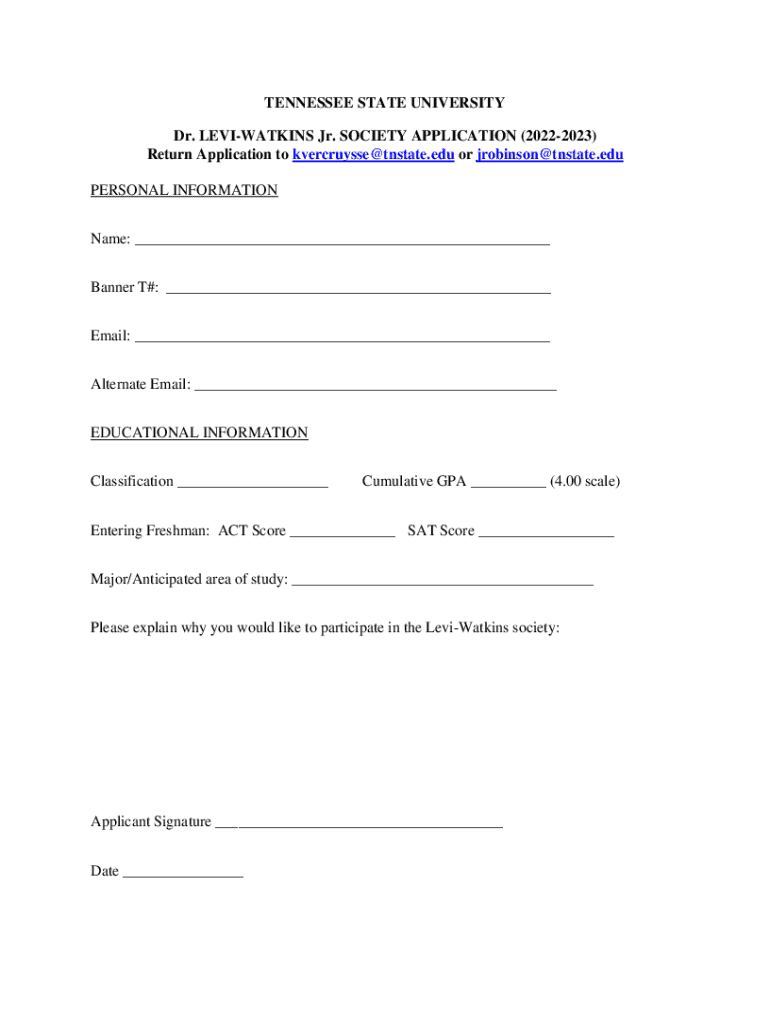 Fillable Online TENNESSEE STATE UNIVERSITY Dr. LEVI-WATKINS Jr. SOCIETY ...