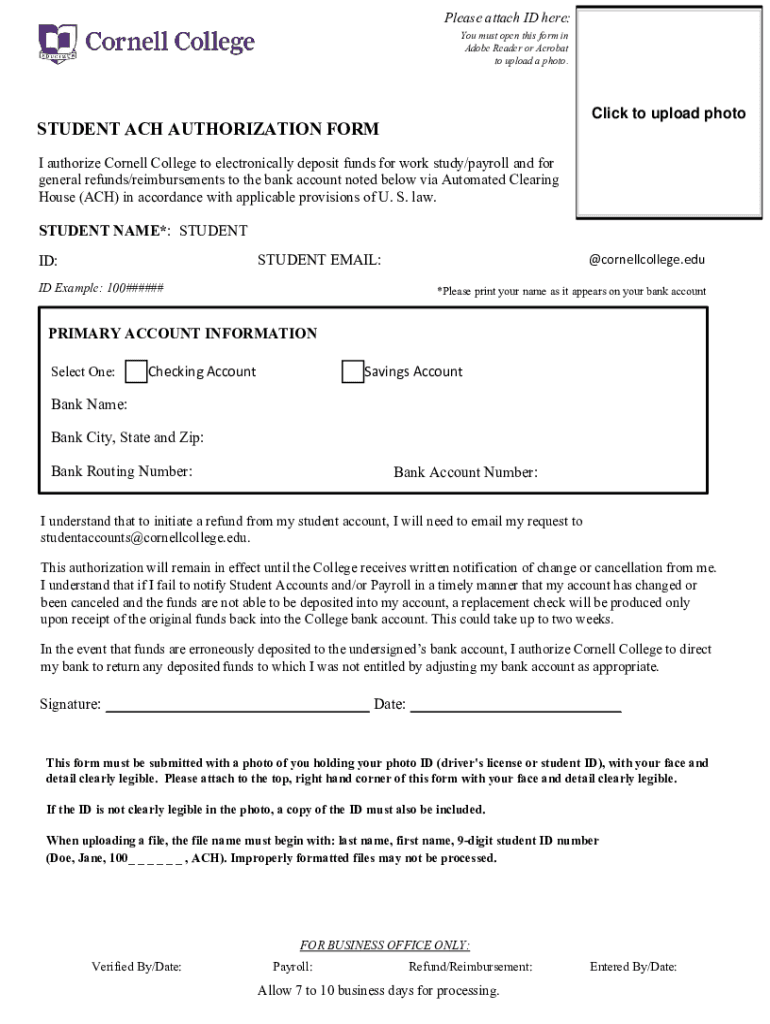Fillable Online STUDENT ACH AUTHORIZATION FORM - Cornell College Fax Email Print - pdfFiller