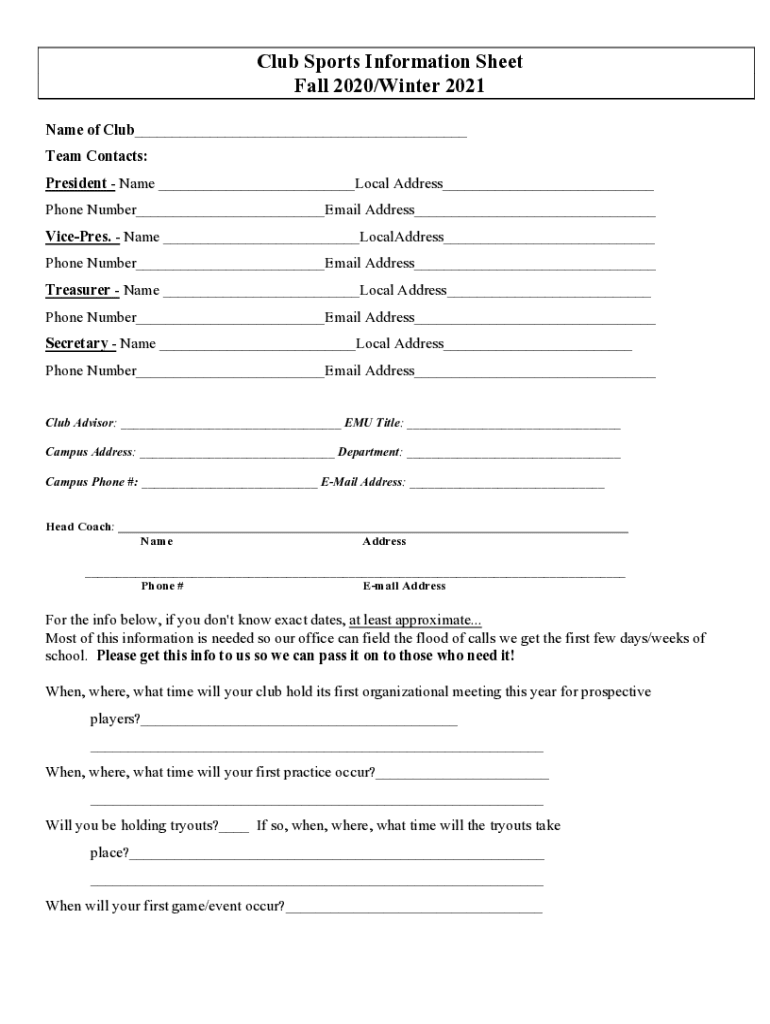 Fillable Online Club Sports Information Sheet Fall 2020/Winter 2021 Fax Email Print - pdfFiller