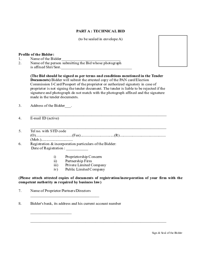 Fillable Online SEALED ENVELOPE NO 1 : PART A ( TECHNICAL BID Sample ...