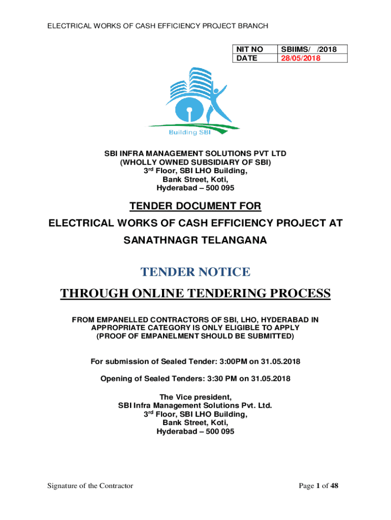 Fillable Online Tender - Proposed For Electrical Works Of Sbi Cash ...