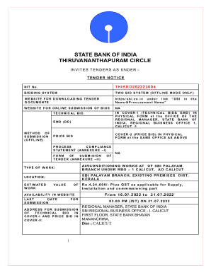 Fillable Online TENDER SCHEDULE FOR AIR CONDITIONING OF SBI PALAYAM ...