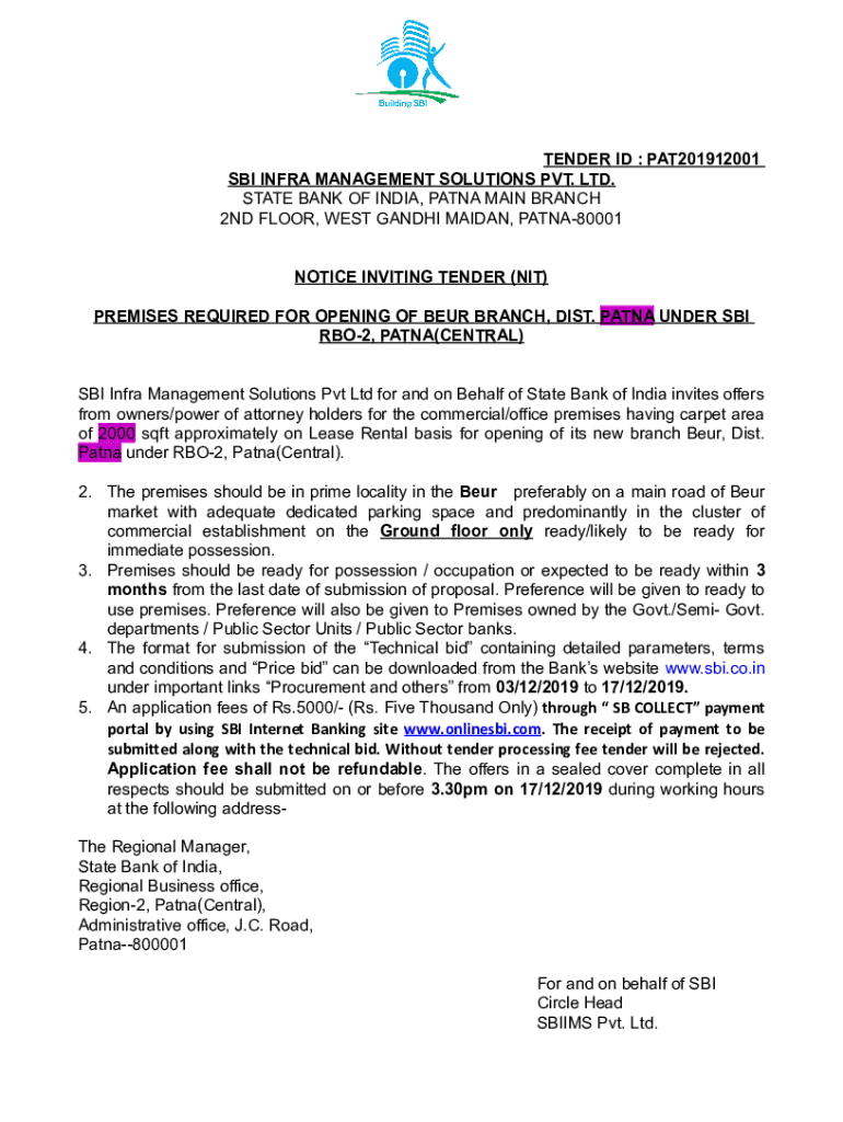 Fillable Online TENDER ID : PAT201912001 SBI INFRA MANAGEMENT SOLUTIONS ...