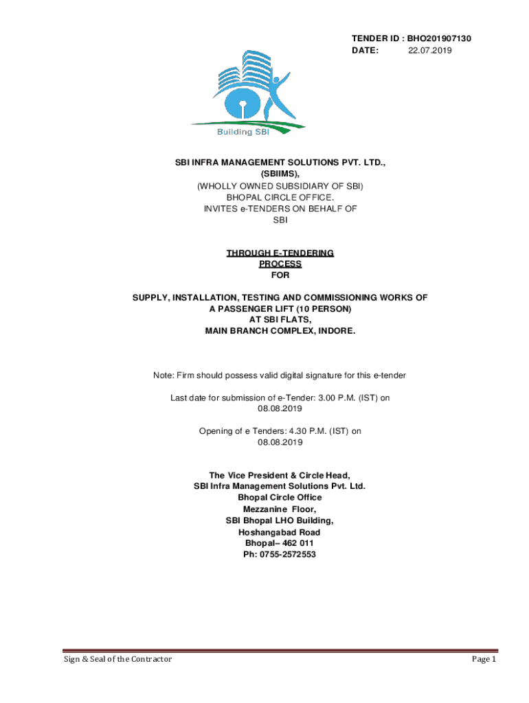 Fillable Online Sign & Seal of the Contractor Page 1 TENDER ID - SBI ...