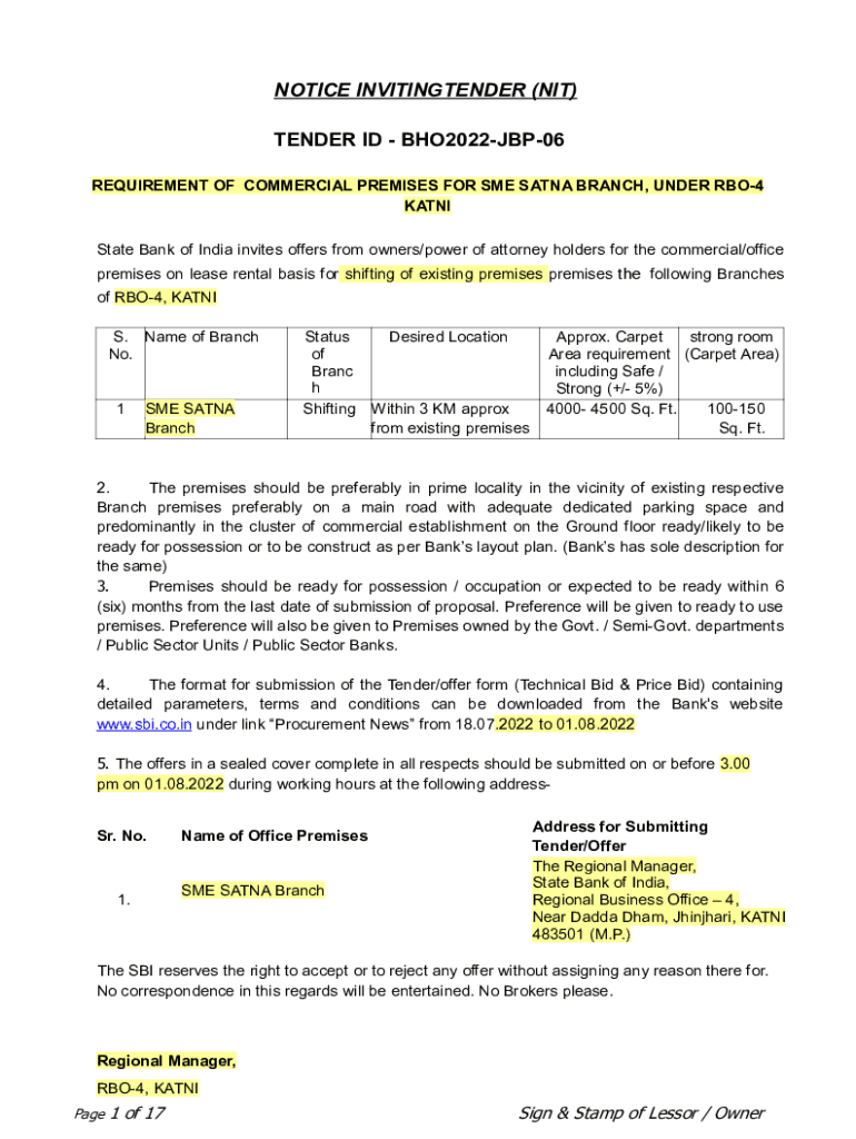 Fillable Online Notice Inviting Tender (NIT) and Tender Document for ...