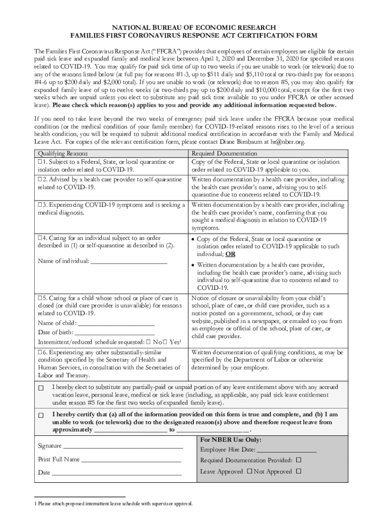 Fillable Online NBER FFCRA CERTIFICATION FORM template.docx Fax Email ...