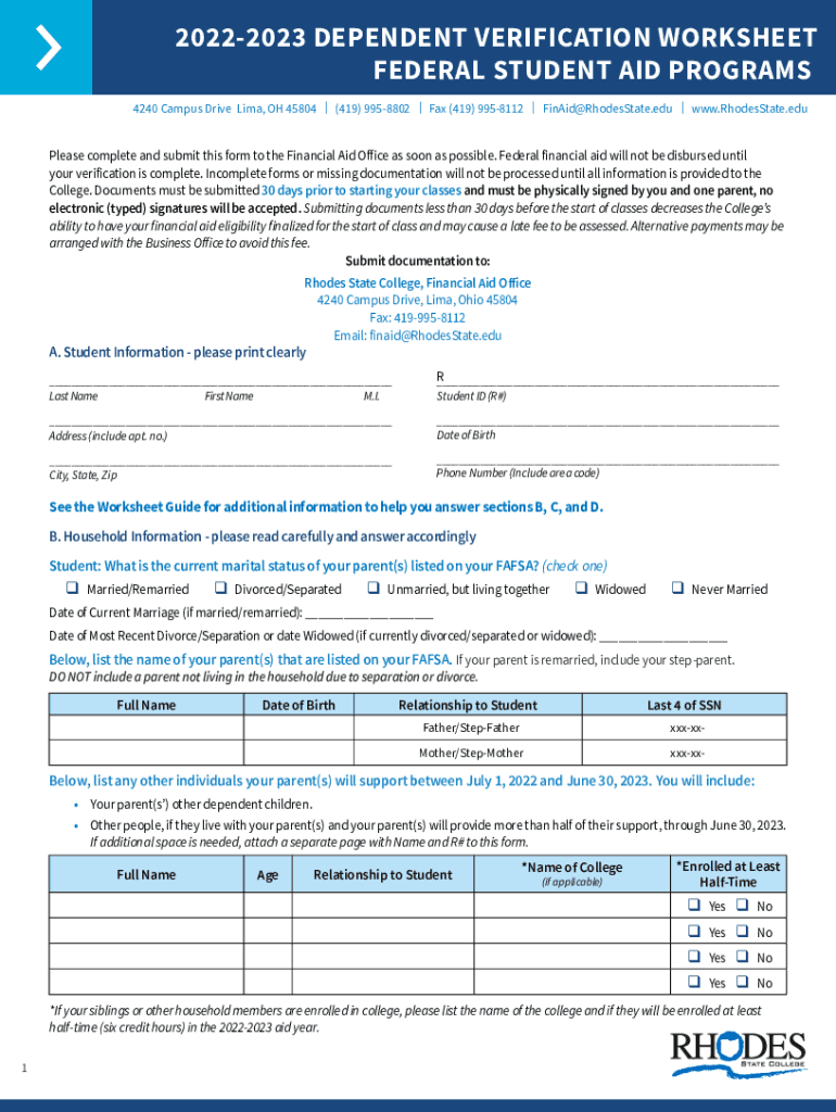 Fillable Online 2022 3 DEPENDENT VERIFICATION WORKSHEET FEDERAL STUDENT AID PROGRAMS Fax Email ...