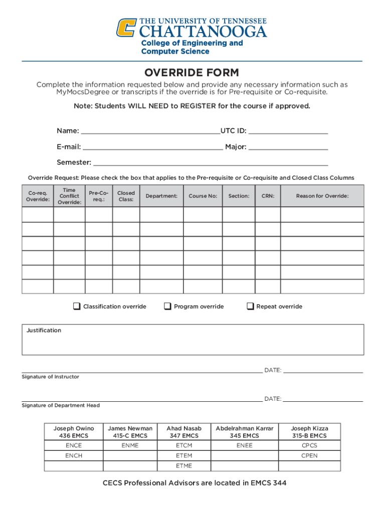Fillable Online OVERRIDE FORM - University of Tennessee at Chattanooga ...
