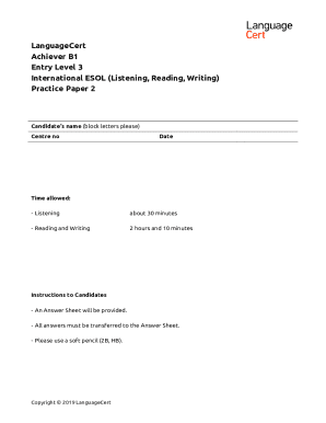 Fillable Online Languagecert Achiever B1 Entry Level 3 International ...