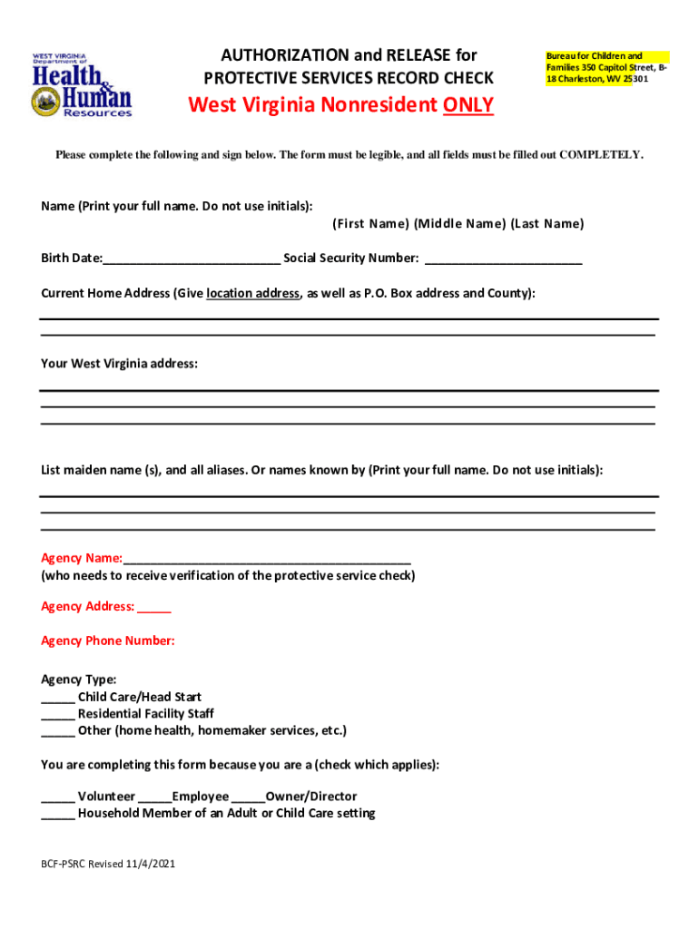 Fillable Online dhhr wv Authorization and Release for Protective ...