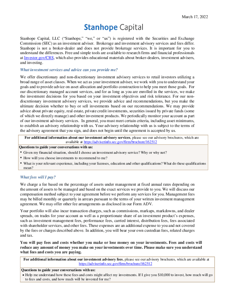 Fillable Online Stanhope Capital - Form CRS Fax Email Print - pdfFiller