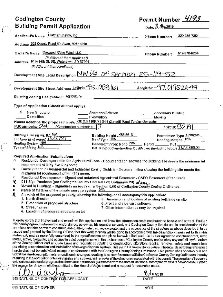 Fillable Online puc sd Codington County Permit Number Building Permit ...