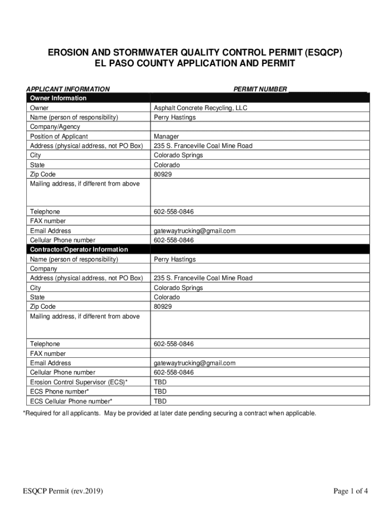 Fillable Online Erosion and Stormwater Quality Control Permit(rev.2019 ...