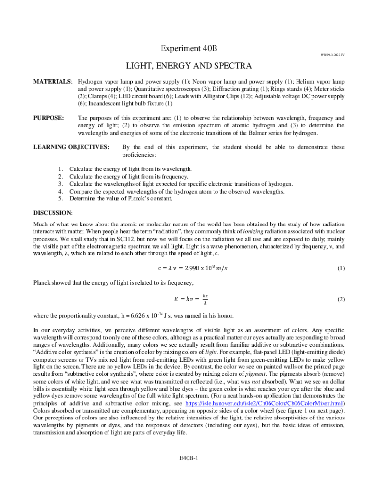 Fillable Online Experiment 40B LIGHT, ENERGY AND SPECTRA Fax Email ...