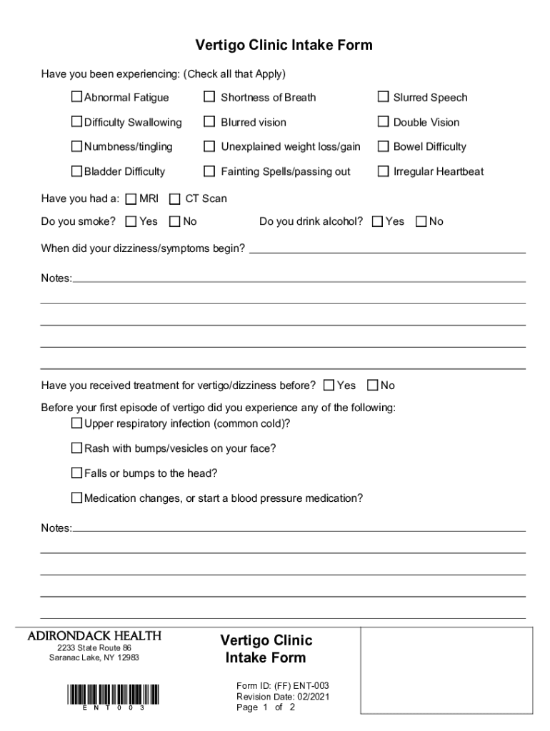 Fillable Online Vertigo Clinic Intake Form - Webflow Fax Email Print - pdfFiller
