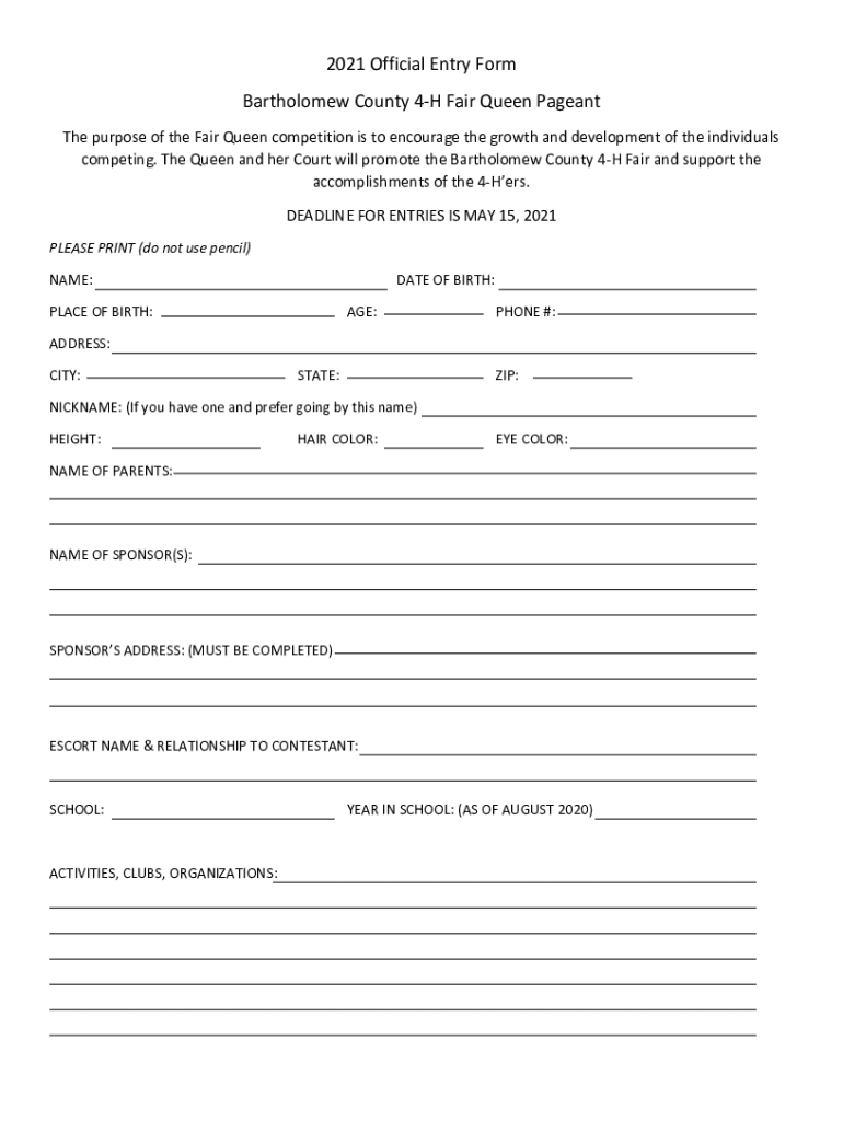 Fillable Online extension purdue 2021 Official Entry Form Bartholomew ...