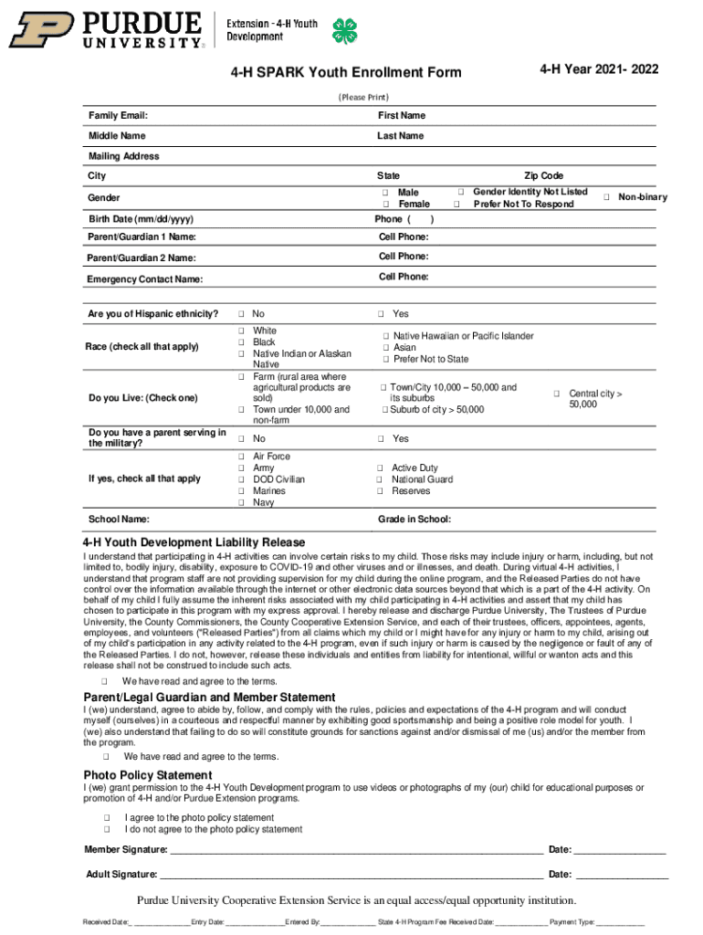Fillable Online extension purdue 4-H SPARK Youth Enrollment Form ...