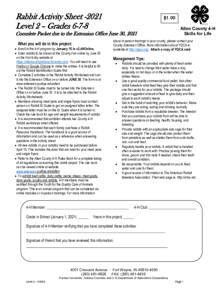 Fillable Online extension purdue Rabbit Activity Sheets 2021 Level 2 Grade 6-7-8 Fax Email Print ...