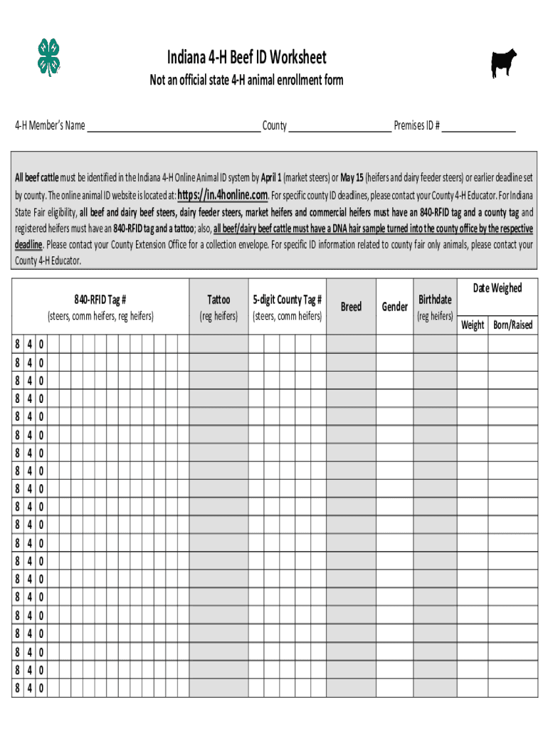 Fillable Online extension purdue Indiana 4-H Beef ID Worksheet - Purdue Extension Fax Email ...