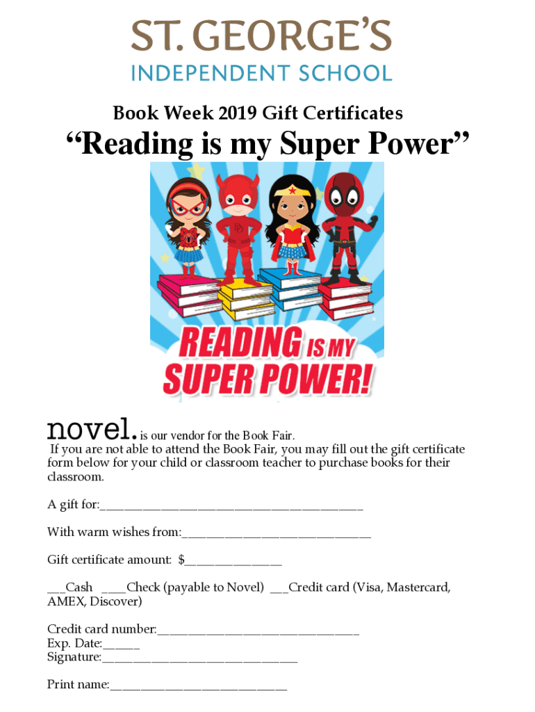 Fillable Online Book Week 2019 Gift Certificates - Reading is my Super ...
