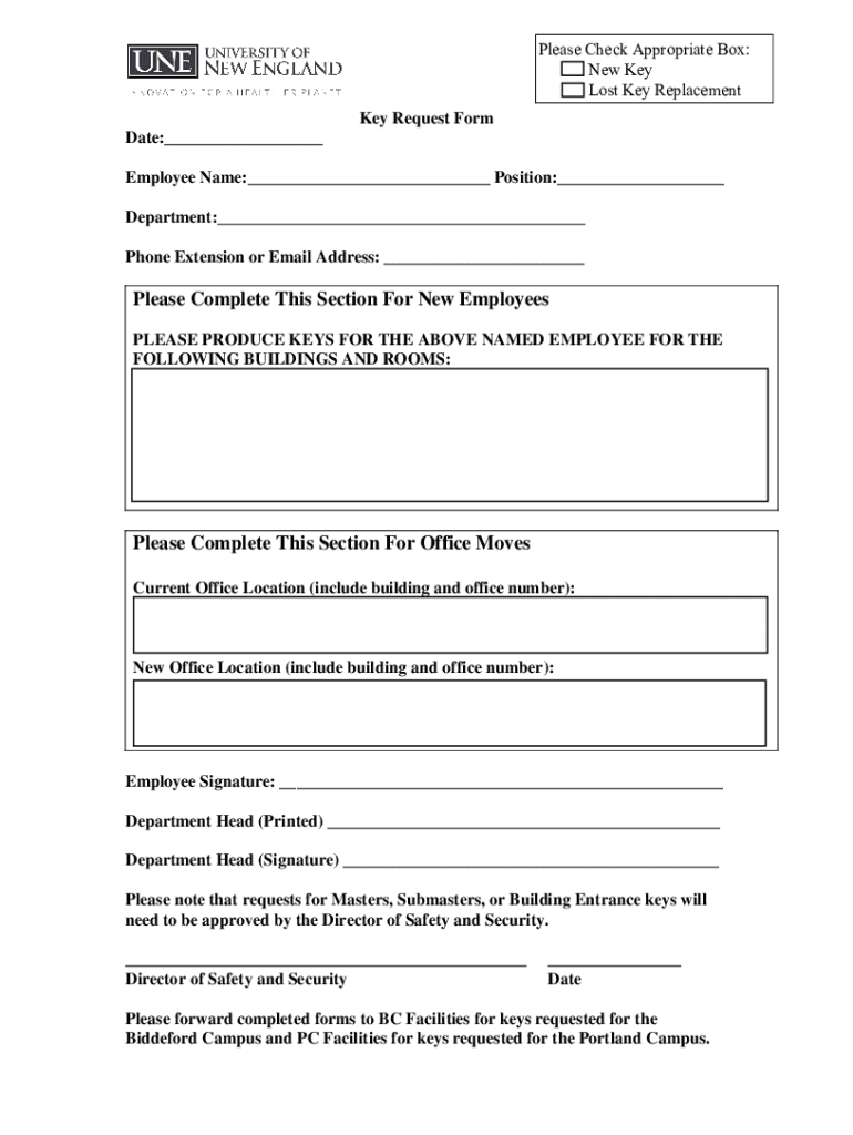 Fillable Online Key Request Form: New Request Replacement ...