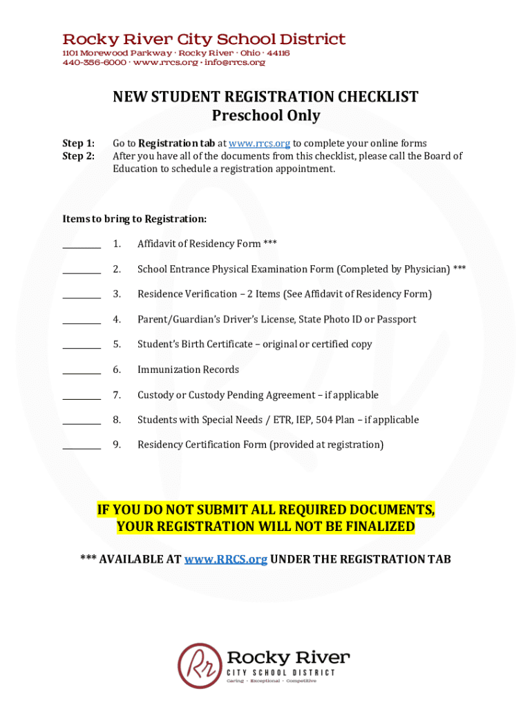 Fillable Online NEW STUDENT REGISTRATION CHECKLIST Preschool Only Fax Email Print - pdfFiller