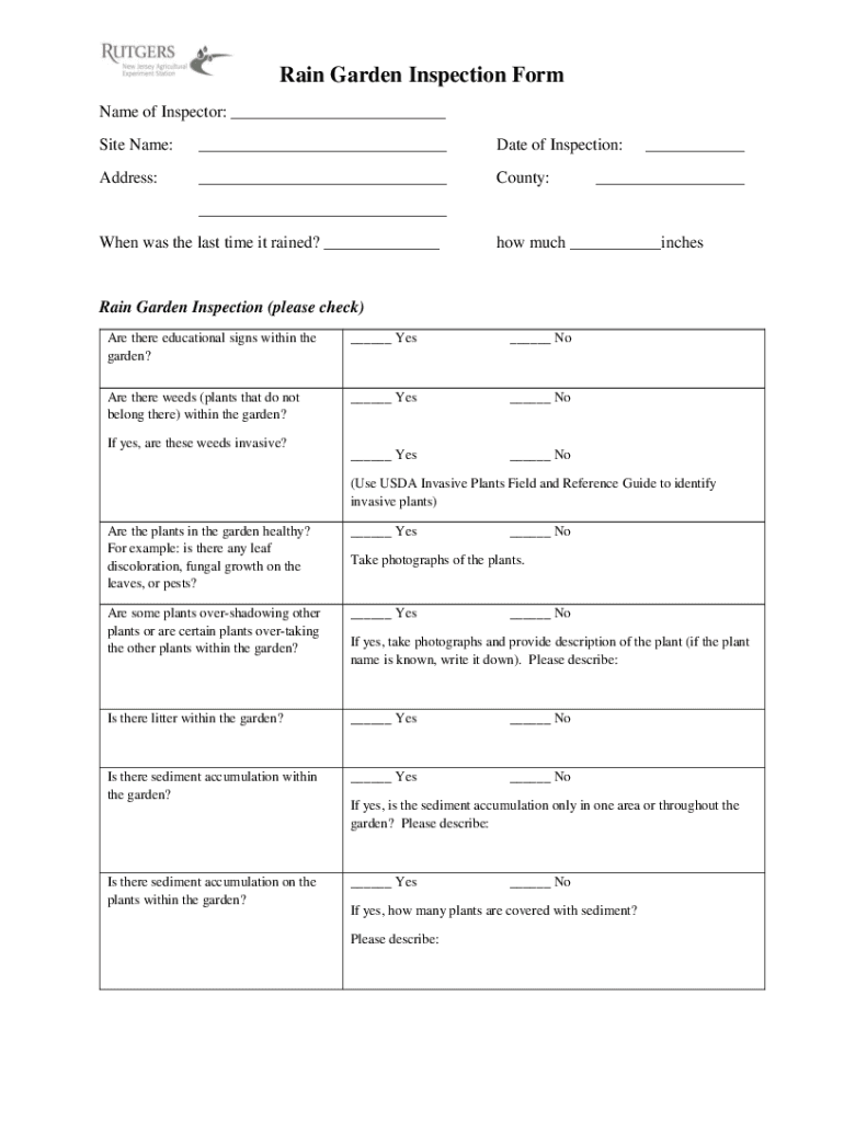 Fillable Online water rutgers Rain Garden Inspection and Maintenance ...