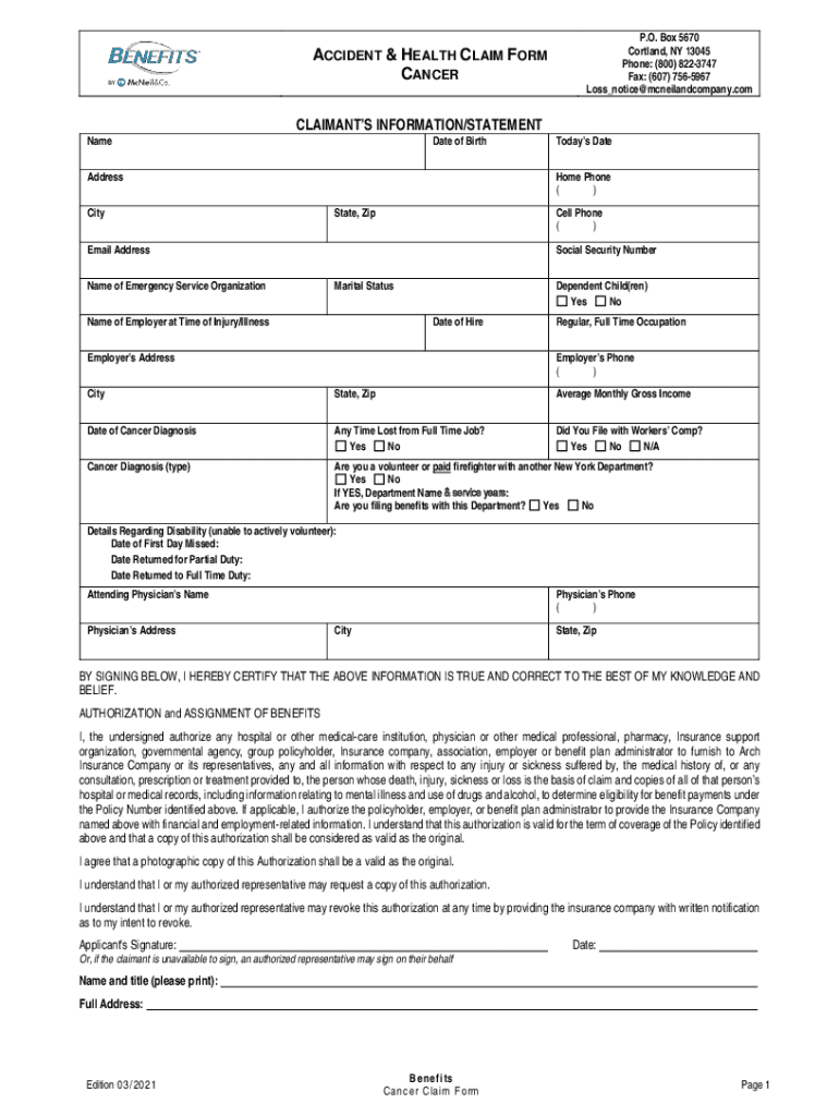 Fillable Online accident & health claim form cancer - claimant's ...
