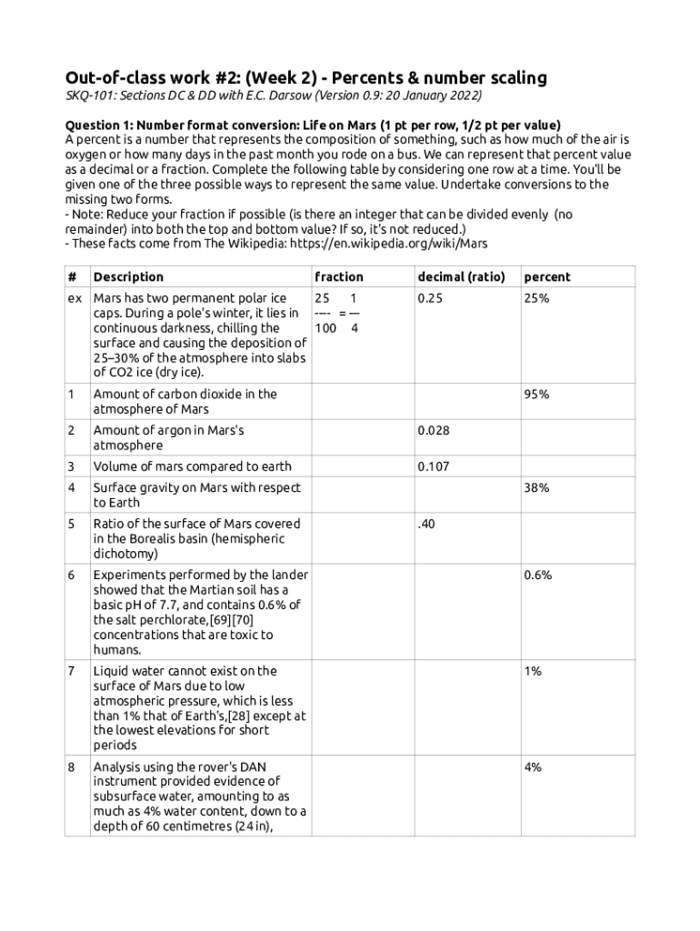 Fillable Online Out-of-class work #2: (Week 2) - Percents & number ...