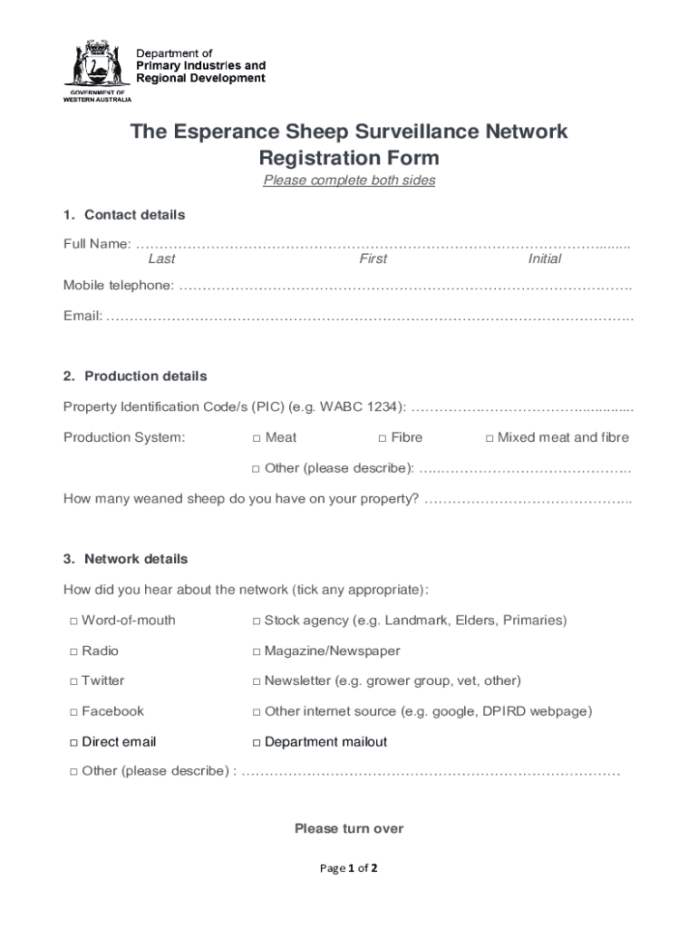 Fillable Online The Esperance Sheep Surveillance Network Registration ...