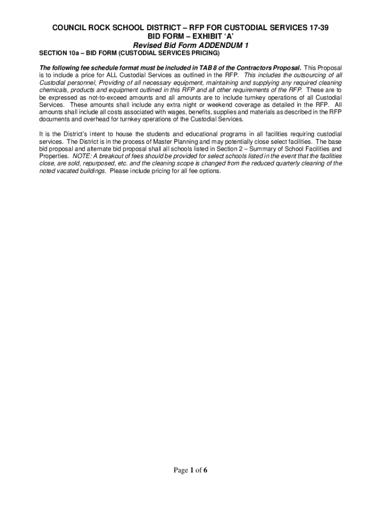 Fillable Online RFP FOR CUSTODIAL SERVICES 17-39 BID FORM Fax Email ...