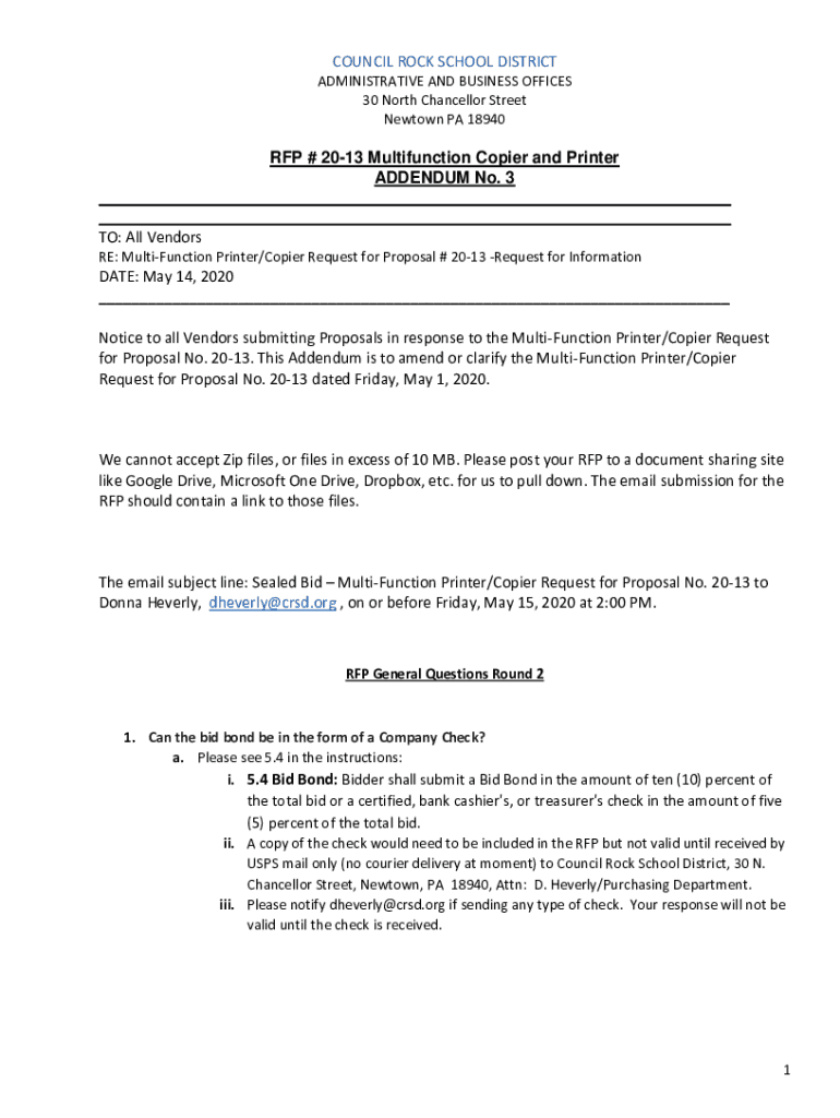Fillable Online RFP # 20-13 Multifunction Copier and Printer ADDENDUM No. 3 Fax Email Print ...