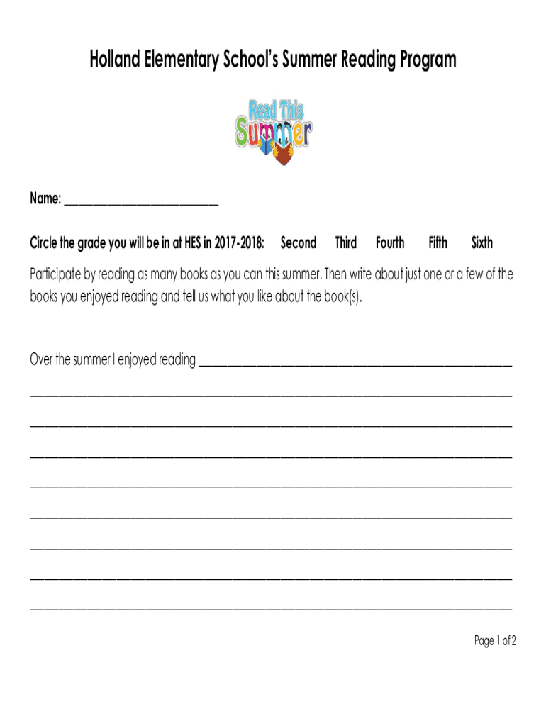 Fillable Online Holland Elementary School's Summer Reading Program Fax ...