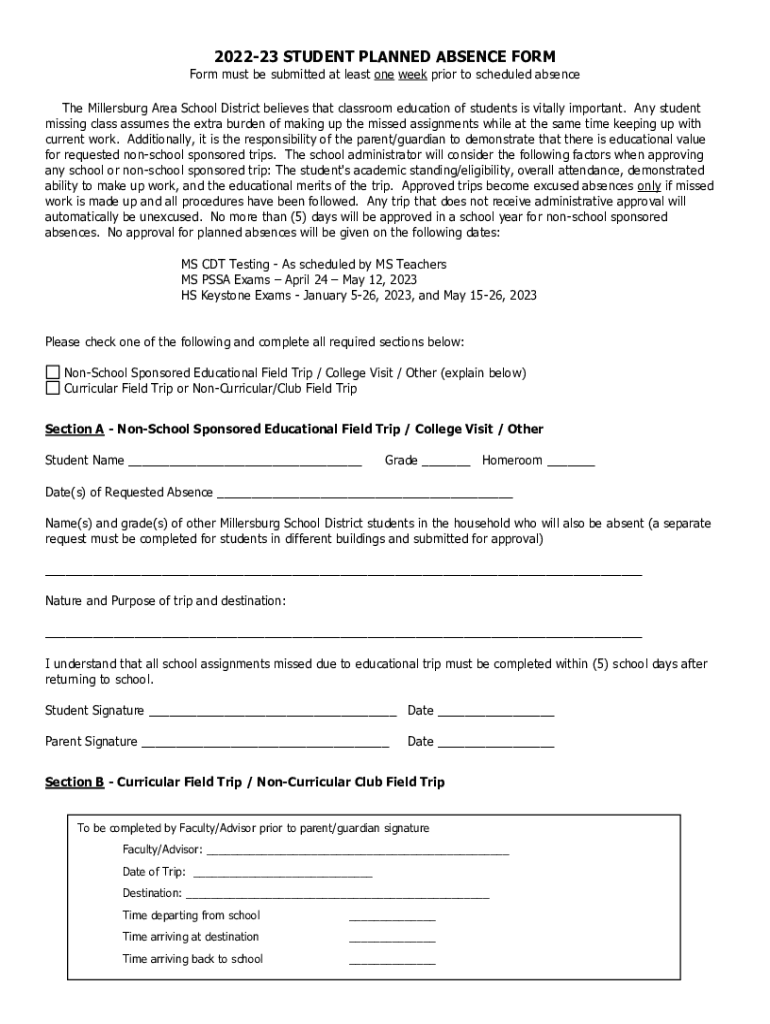 Fillable Online PLANNED ABSENCE REQUEST FORM / STUDENT PLANNED ABSENCE REQUEST FORM - 22-23 Fax ...