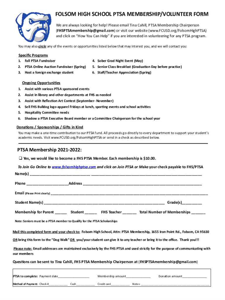 Fillable Online FOLSOM HIGH SCHOOL PTSA MEMBERSHIP/VOLUNTEER FORM Fax ...