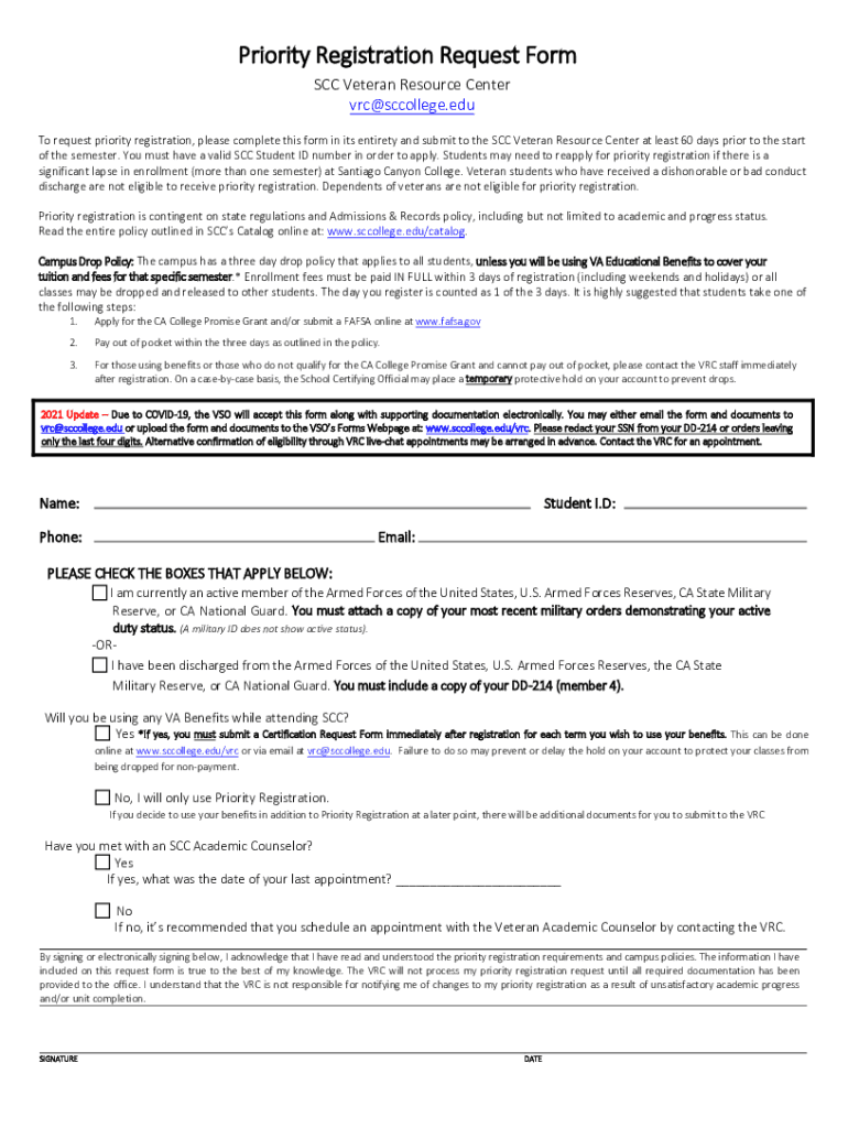 Fillable Online Priority Registration Request Form - Santiago Canyon ...