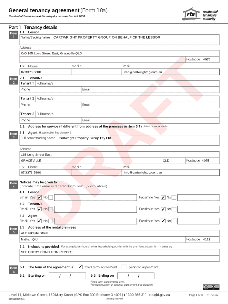 Fillable Online General tenancy agreement (Form 18a)ResidentialGeneral ...